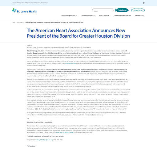 The American Heart Association Announces New President Of The Board For